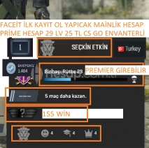 HizliTeslim - PRİME HESAP 29 LV 25 TL CS GO ENVANTERLİ FACEİT İLK KAY ...
